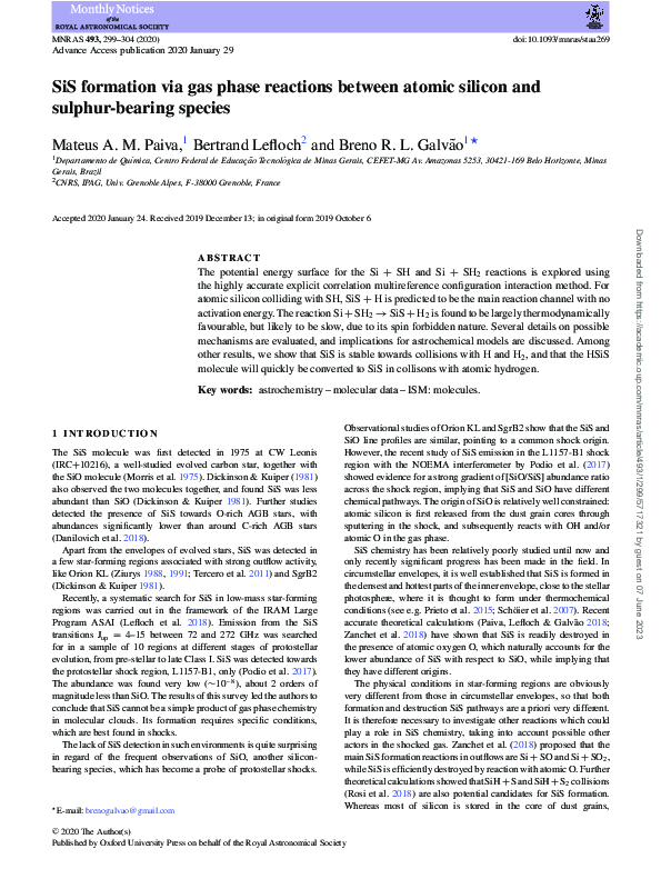 (PDF) SiS formation via gas phase reactions between atomic silicon and ...