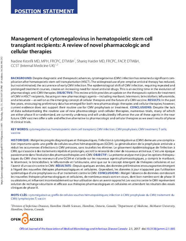(PDF) Management of cytomegalovirus in hematopoietic stem cell transplant recipients: A review ...
