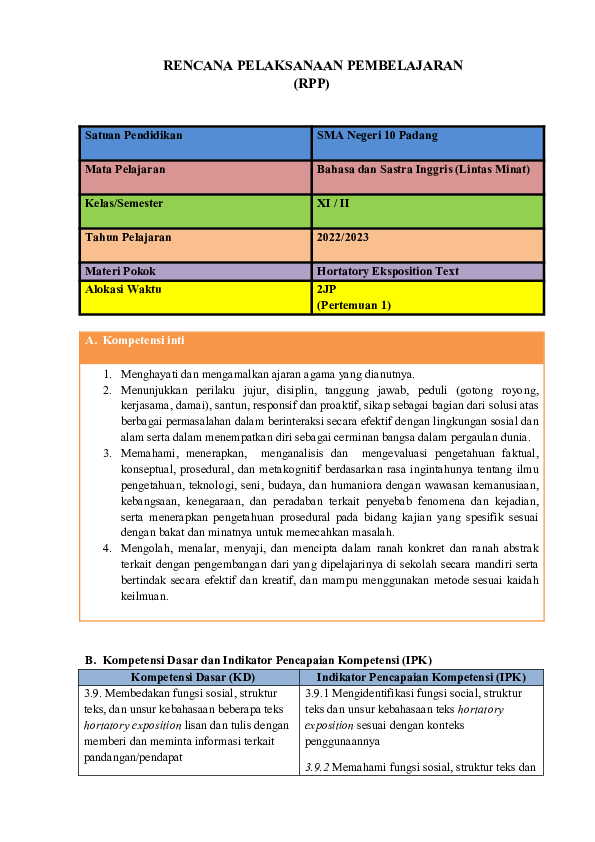 (PDF) RENCANA PELAKSANAAN PEMBELAJARAN (RPP) Satuan Pendidikan SMA