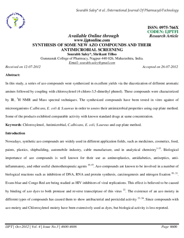 (PDF) Synthesis of Some New Azo Compounds and Their Antimicrobial Screening | sourabh saley ...