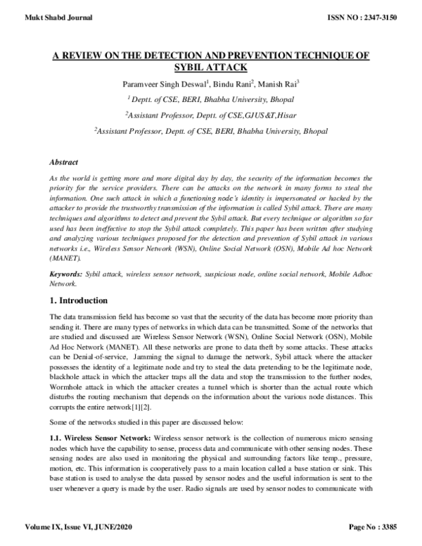 (PDF) A Review on the Detection and Prevention Technique of Sybil Attack