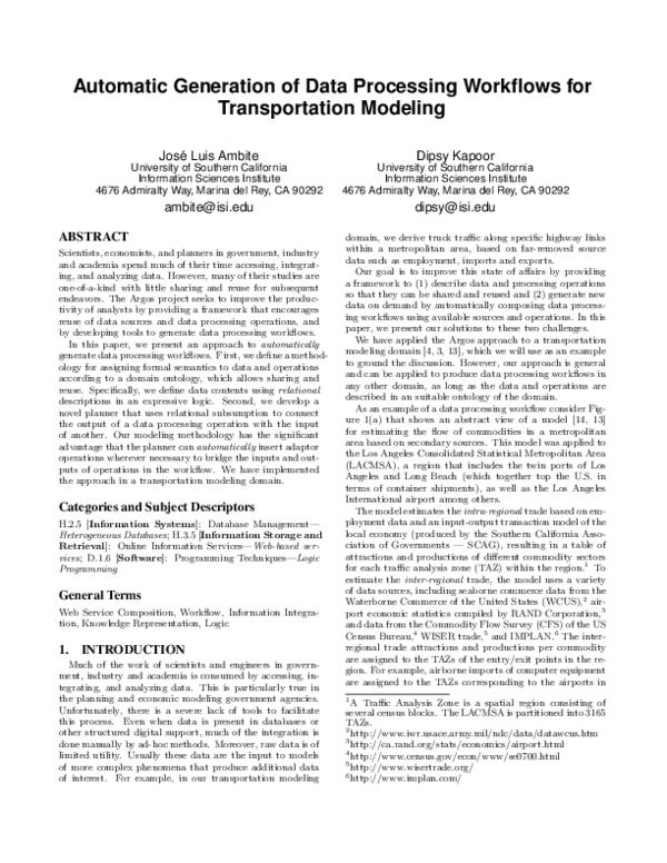 (PDF) Automatic generation of data processing workflows for transportation modeling