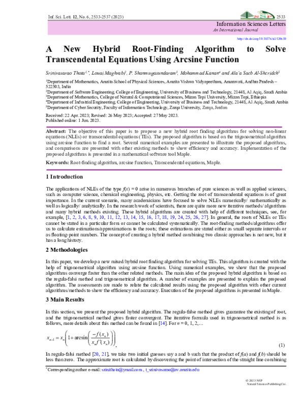 (PDF) A New Hybrid Root-Finding Algorithm to Solve Transcendental Equations Using Arcsine Function