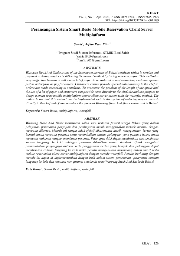 Pdf Perancangan Sistem Smart Resto Mobile Reservation Client Server Multiplatform Satria