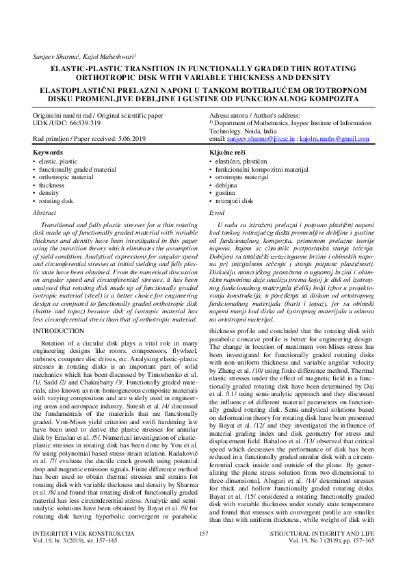 (PDF) Plastic Stress Analysis in Functionally Graded Rotating Disks