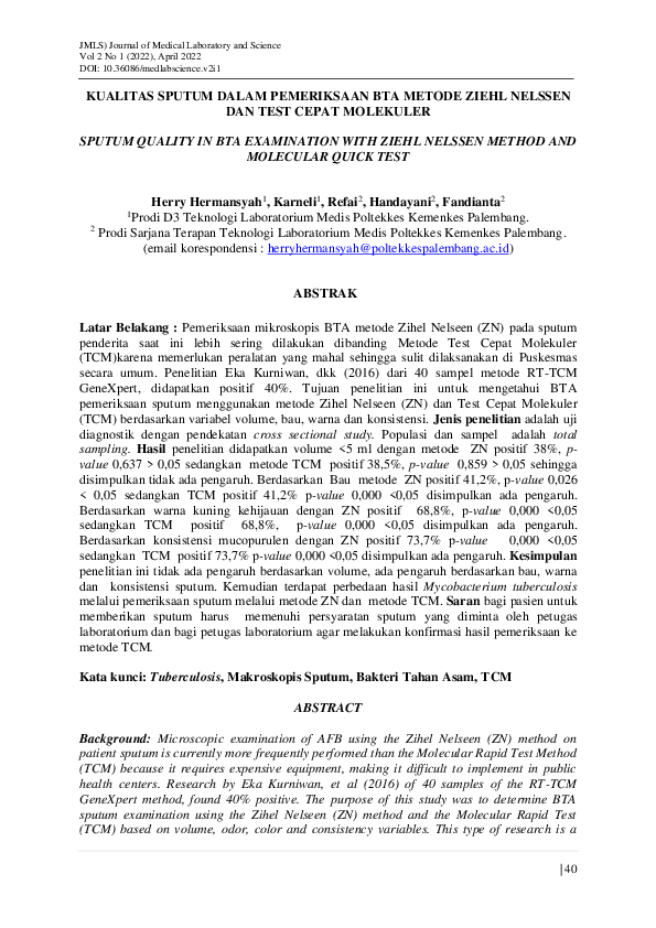 (PDF) Kualitas Sputum Dalam Pemeriksaan Bta Metode Ziehl Nelssen Dan ...