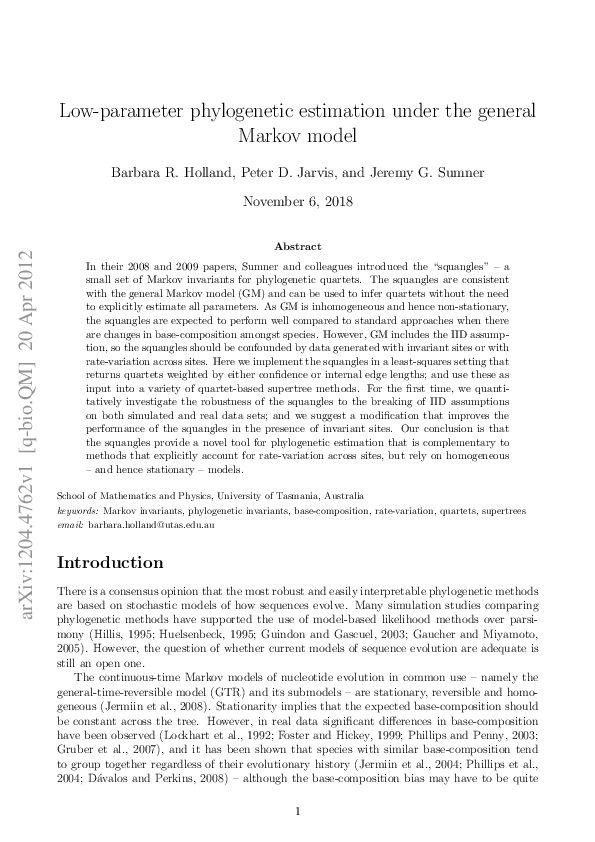 Pdf Low Parameter Phylogenetic Estimation Under The General Markov Model