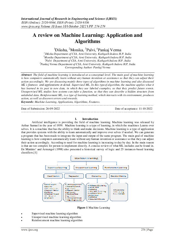 (PDF) A review on Machine Learning: Application and Algorithms by Diksha, Pallavi and Pankaj Verma