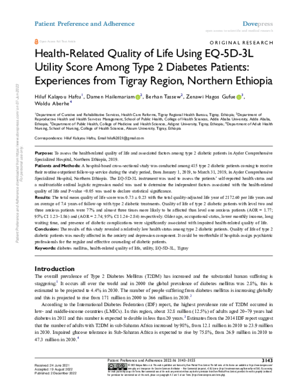 (PDF) Health-Related Quality of Life Using EQ-5D-3L Utility Score Among ...