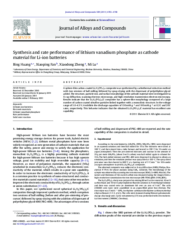 (PDF) Synthesis and rate performance of lithium vanadium phosphate as cathode material for Li ...