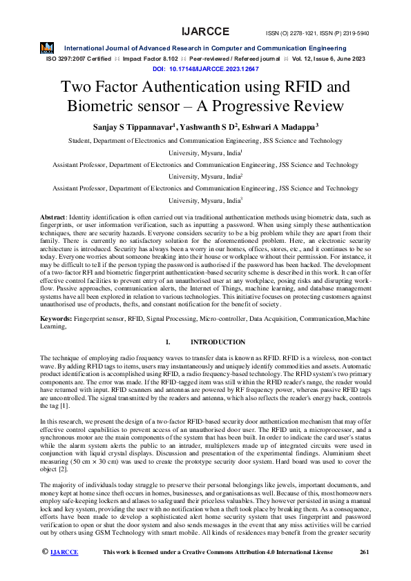 (PDF) Two Factor Authentication using RFID and Biometric sensor -A Progressive Review