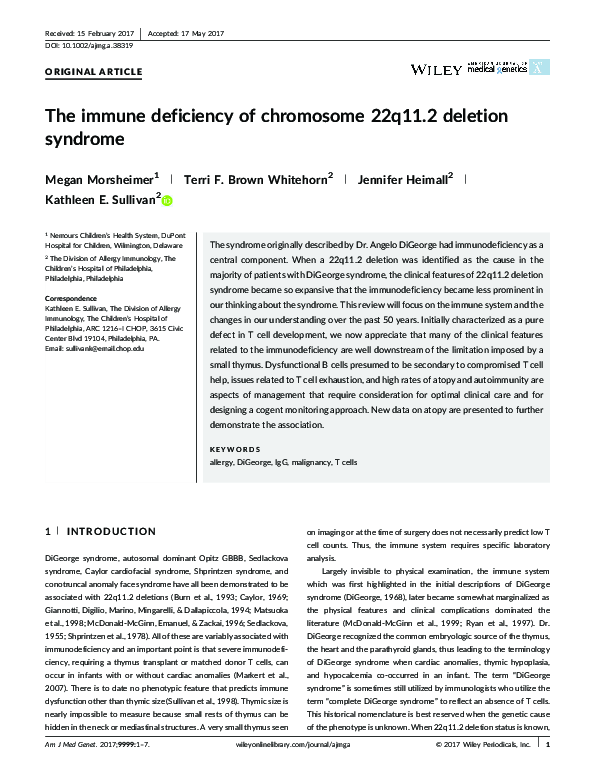(PDF) The immune deficiency of chromosome 22q11.2 deletion syndrome