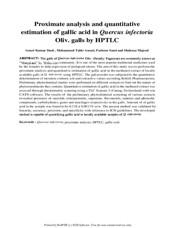 (PDF) Proximate analysis and quantitative estimation of gallic acid in Quercus infectoria Oliv ...