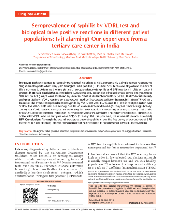 (PDF) Seroprevalence of syphilis by VDRL test and biological false ...