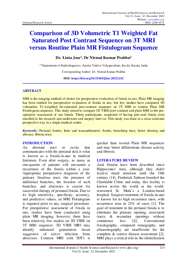(PDF) Comparison of 3D Volumetric T1 Weighted Fat Saturated Post ...