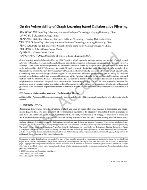 (PDF) On the Vulnerability of Graph Learning-based Collaborative Filtering
