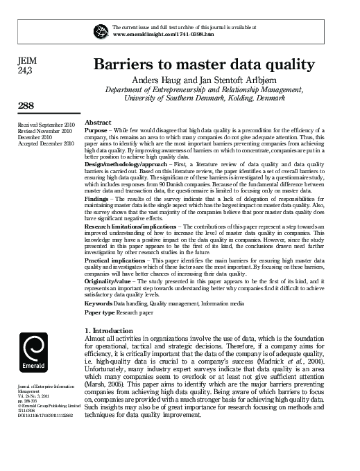 (PDF) Barriers to master data quality