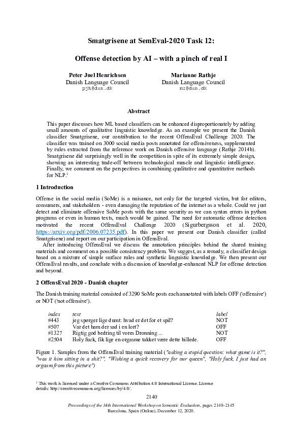 (PDF) Smatgrisene at SemEval-2020 Task 12: Offense Detection by AI ...