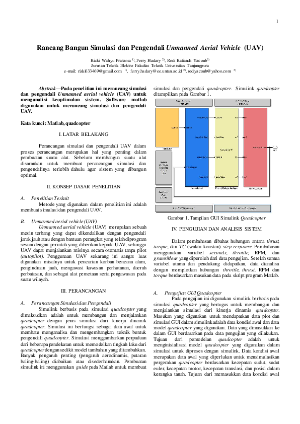(PDF) Rancang Bangun Simulasi dan Pengendali Unmanned Aerial Vehicle (UAV) (PDF) Rancang Bangun Simulasi dan Pengendali Unmanned Aerial Vehicle (UAV)