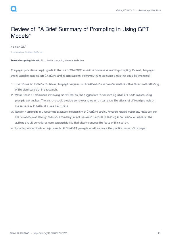 (PDF) Review of: "A Brief Summary of Prompting in Using GPT Models