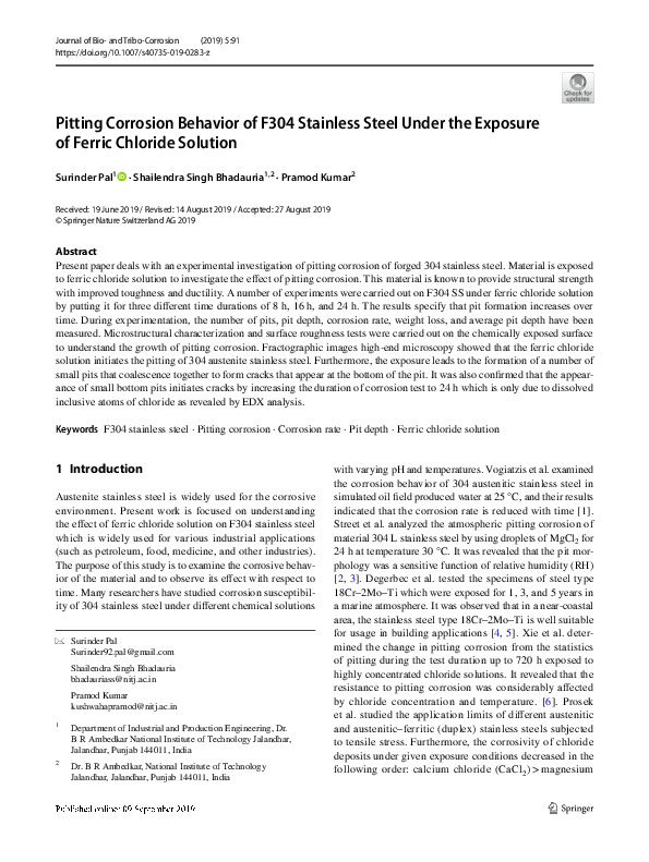 (PDF) Pitting Corrosion Behavior of F304 Stainless Steel Under the Exposure of Ferric Chloride ...
