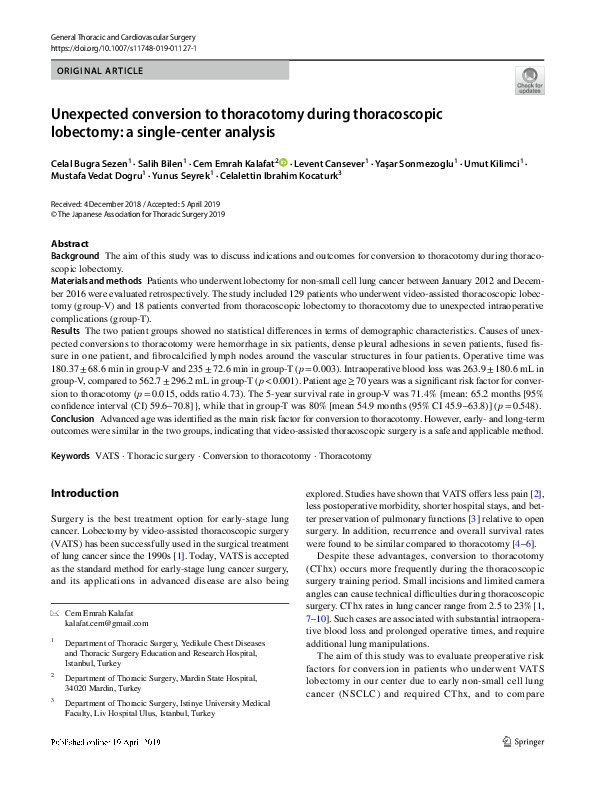 Pdf Unexpected Conversion To Thoracotomy During Thoracoscopic Lobectomy A Single Center Analysis