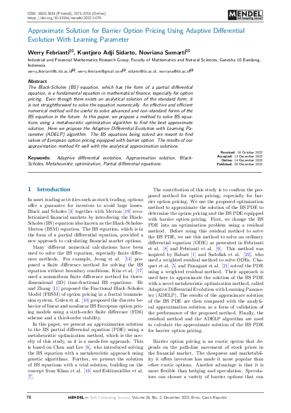 (PDF) Approximate Solution for Barrier Option Pricing Using Adaptive Differential Evolution With ...