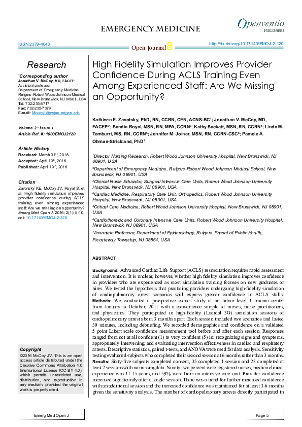 (PDF) High Fidelity Simulation Improves Provider Confidence During ACLS Training Even Among ...