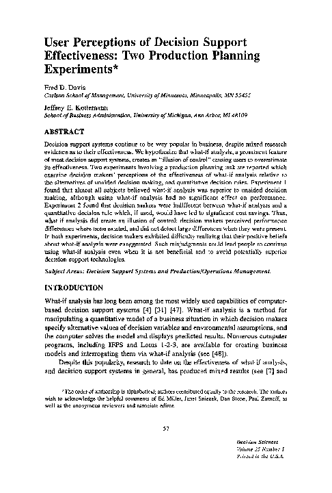 (PDF) User Perceptions of Decision Support Effectiveness: Two Production Planning Experiments