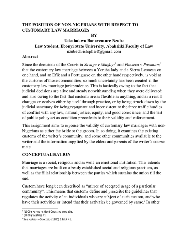 (DOC) THE POSITION OF NON-NIGERIANS WITH RESPECT TO CUSTOMARY LAW ...