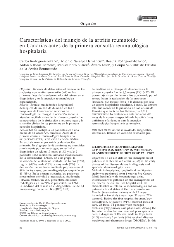 (PDF) Características del manejo de la artritis reumatoide en Canarias ...