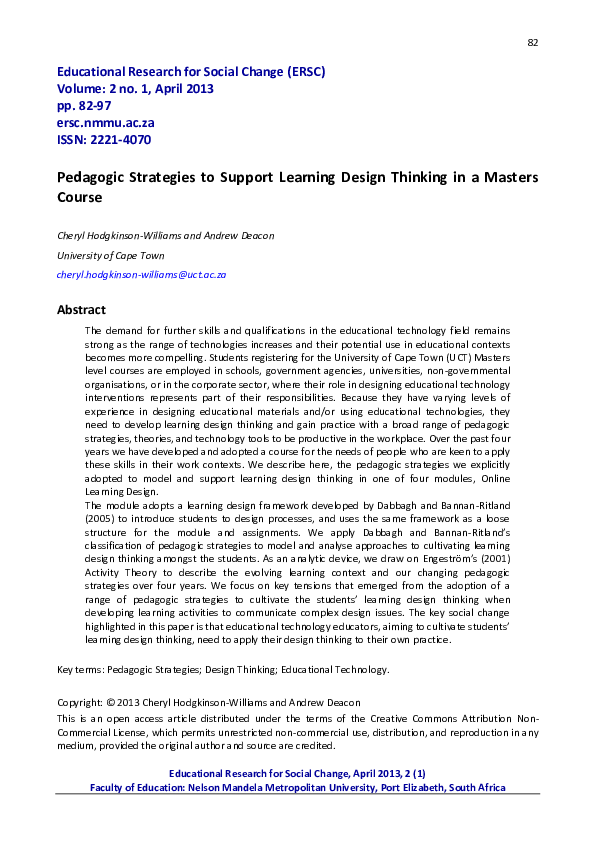 (PDF) Pedagogic strategies to support learning design thinking in a ...