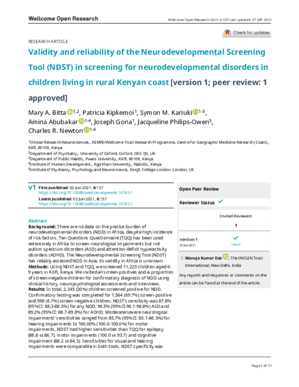 (PDF) Validity and reliability of the Neurodevelopmental Screening Tool (NDST) in screening for ...