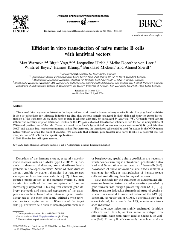 (PDF) Efficient in vitro transduction of naive murine B cells with ...