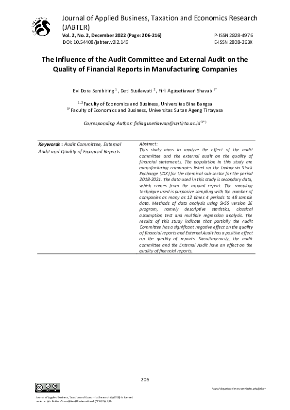 (PDF) The Influence of the Audit Committee and External Audit on the Quality of Financial ...