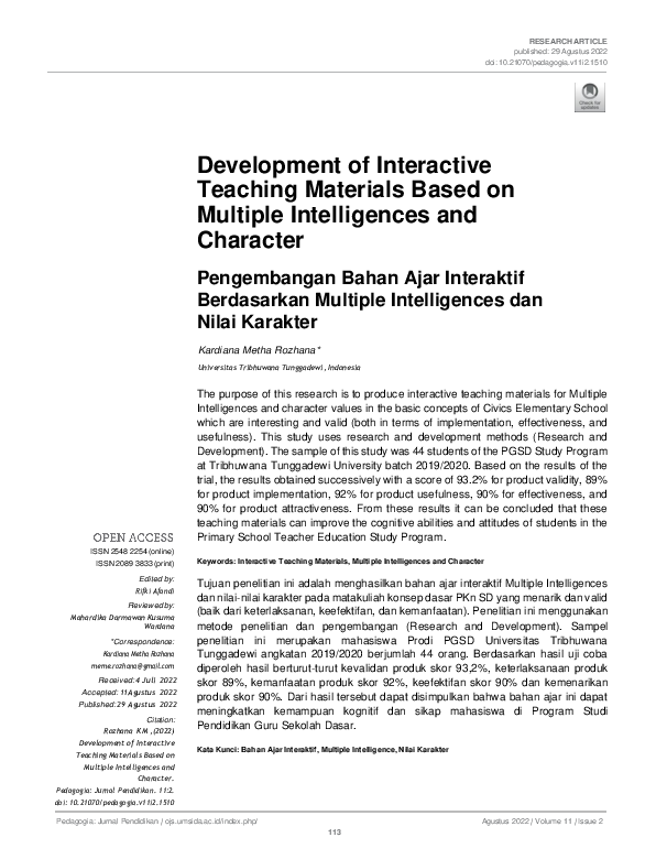 (PDF) Development of Interactive Teaching Materials Based on Multiple Intelligences and Character