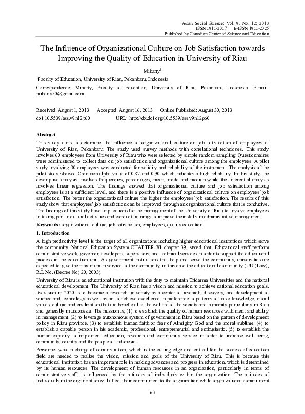 (PDF) The Influence of Organizational Culture on Job Satisfaction towards Improving the Quality ...