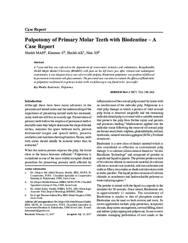 (PDF) Pulpotomy of Primary Molar Teeth with Biodentine A Case Report