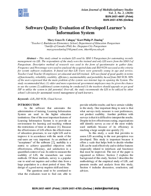 (PDF) Software Quality Evaluation of Developed Learner’s Information System