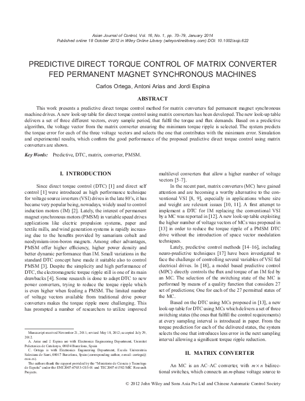 (PDF) Predictive Direct Torque Control of Matrix Converter Fed Permanent Magnet Synchronous Machines