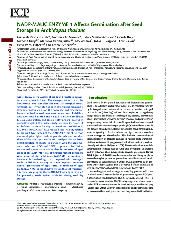 (PDF) NADP-MALIC ENZYME 1 Affects Germination after Seed Storage in Arabidopsis thaliana ...