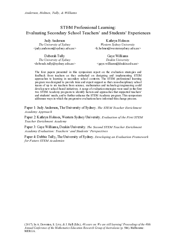 (PDF) STEM Professional Learning: Evaluating Secondary School Teachers' and Students' Experiences