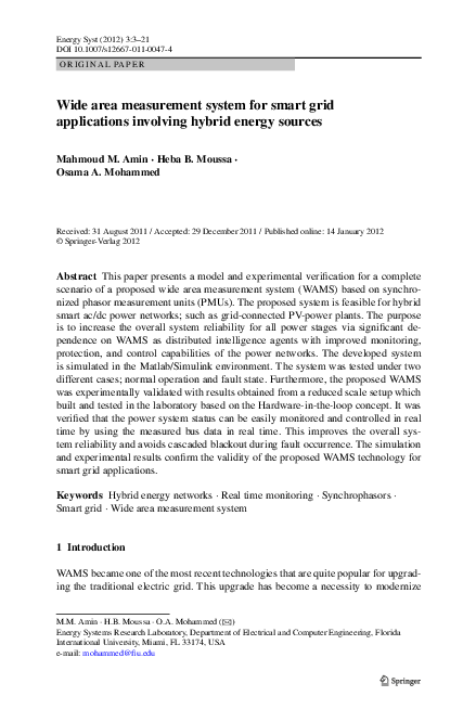 (PDF) Wide area measurement system for smart grid applications ...