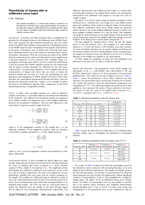 (PDF) Permittivity of human skin in millimetre wave band