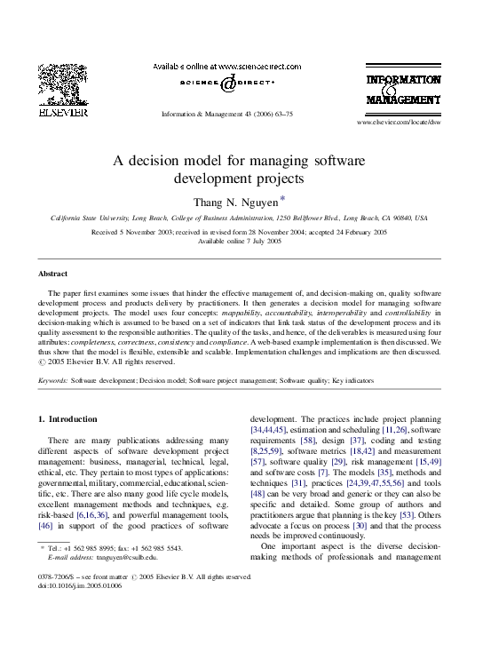 (PDF) A decision model for managing software development projects