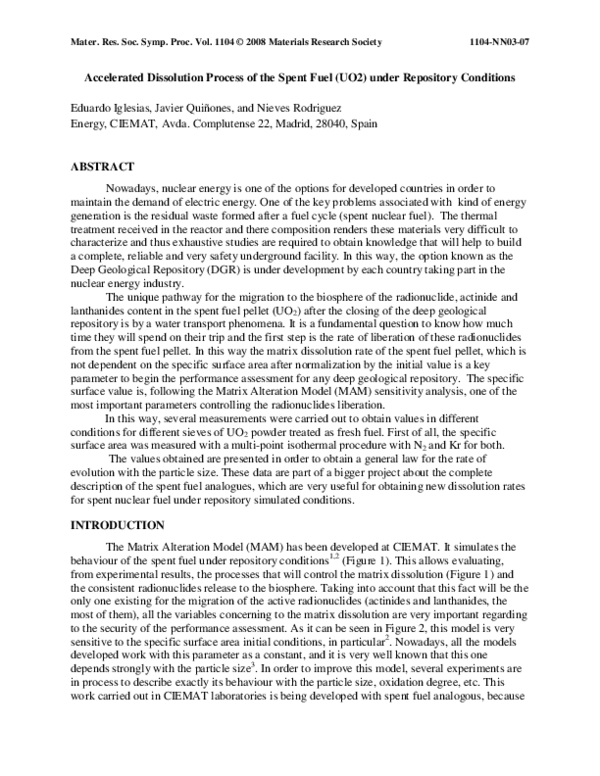 (PDF) Dissolution Kinetics of UO2 Nuclear Fuel Waste in DGRs