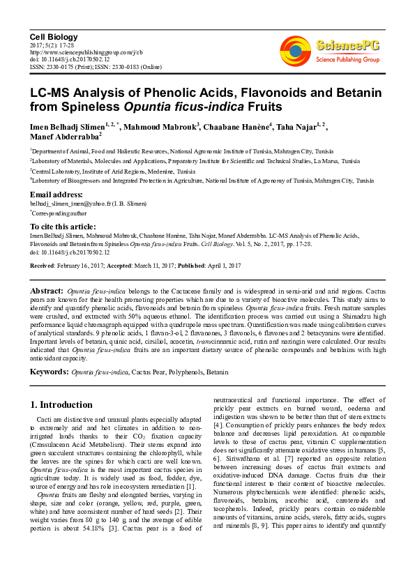 (PDF) LC-MS Analysis of Phenolic Acids, Flavonoids and Betanin from Spineless Opuntia ficus ...