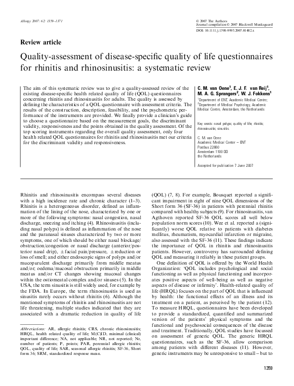 (PDF) Quality-assessment of disease-specific quality of life questionnaires for rhinitis and ...