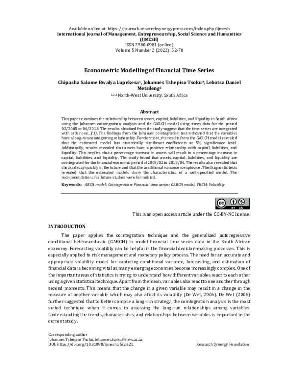 Pdf The Econometric Modelling Of Financial Time Series