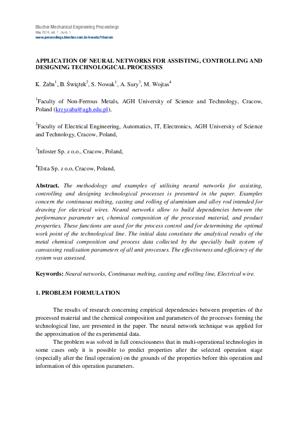 (PDF) Application of Neural Networks for Assisting, Controlling and Designing Technological ...